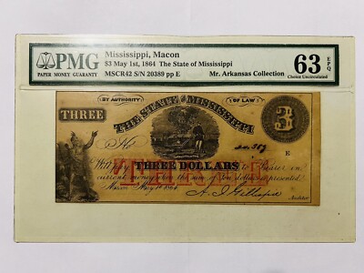 USA, PMG, State of Mississippi, Macon, (1864) $3, Dollars, Uncirculated ...