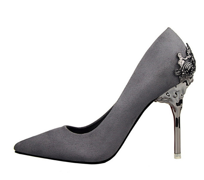 Women Black Metal Carving Heels Pumps Pointed Toe Stilettos Bridal ...