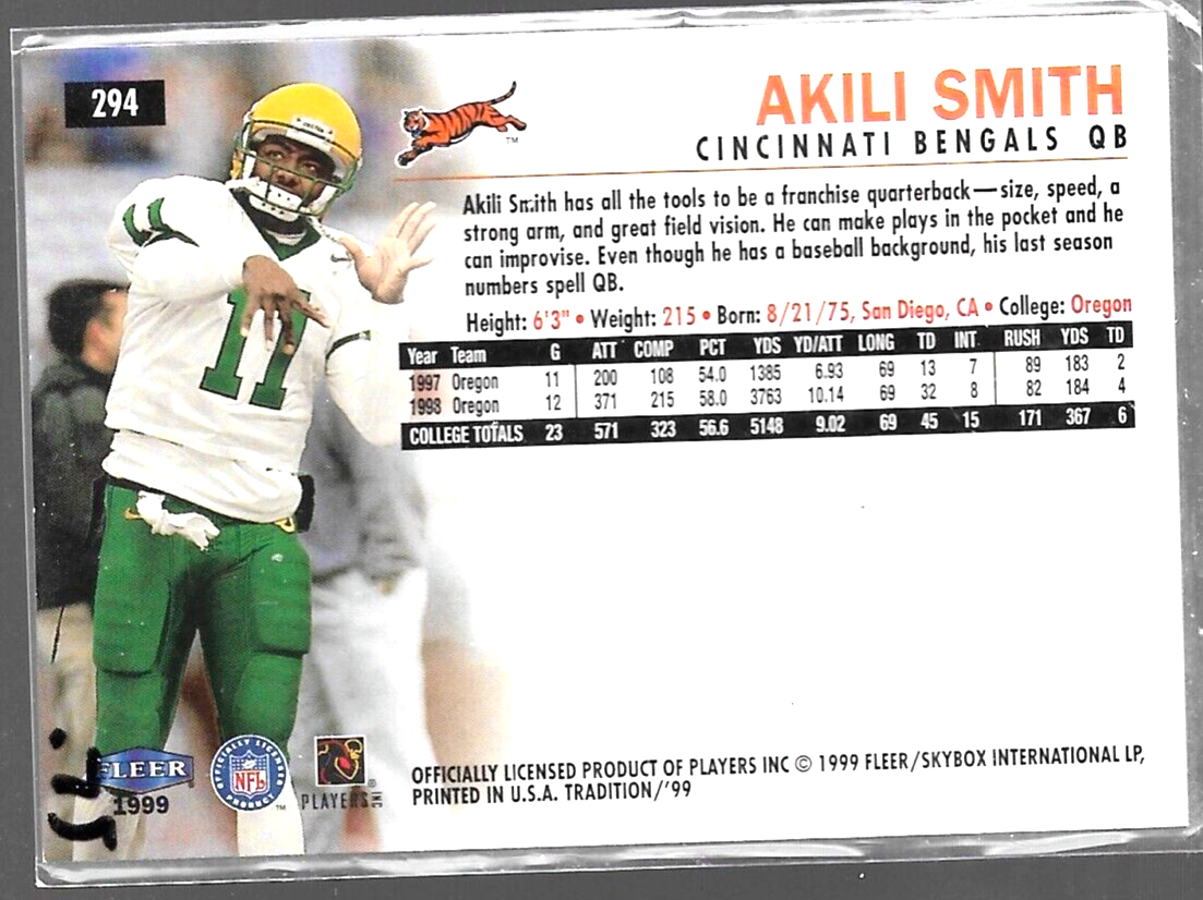 1999 Fleer Tradition Rookie Akili Smith 294 Cincinnati Bengals Football ...