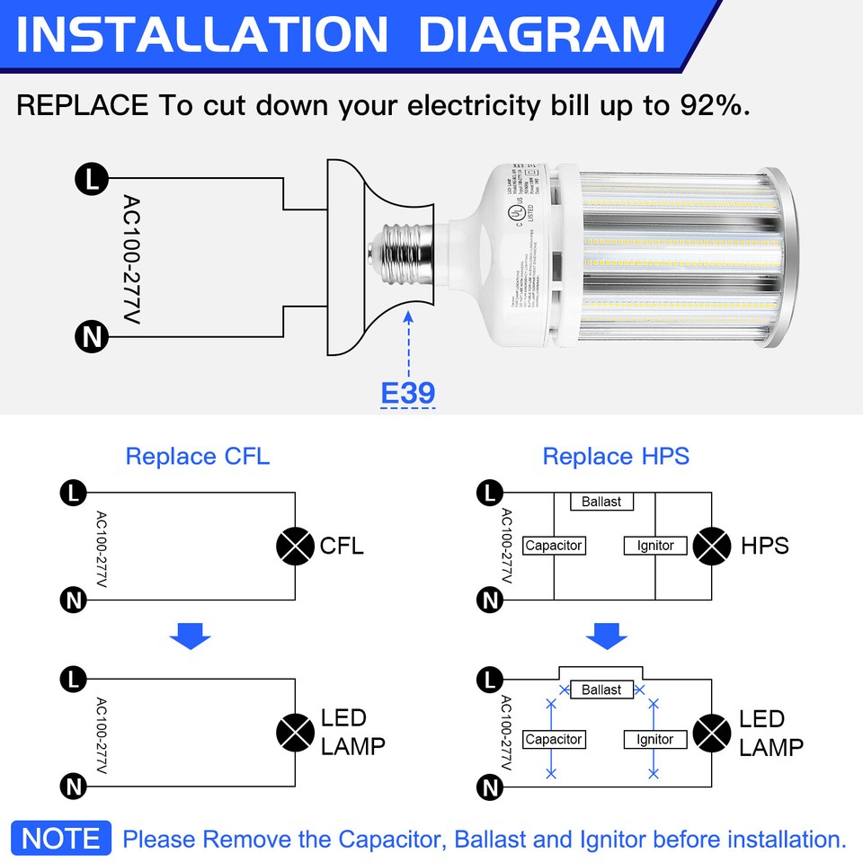 E39 Mogul Base LED Retrofit High Bay Garage Lighting 100W Corn Light ...