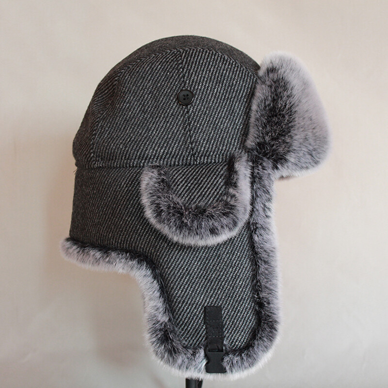 Men Wool Blend Trapper Hat with Faux Fur Ear Flap Russian Cap Winter ...