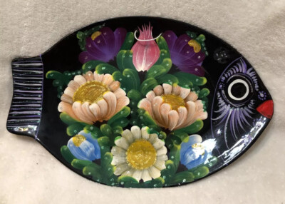 Terra Cotta Art Pottery Fish Wall Hanging Floral Hand Painted Glitter ...