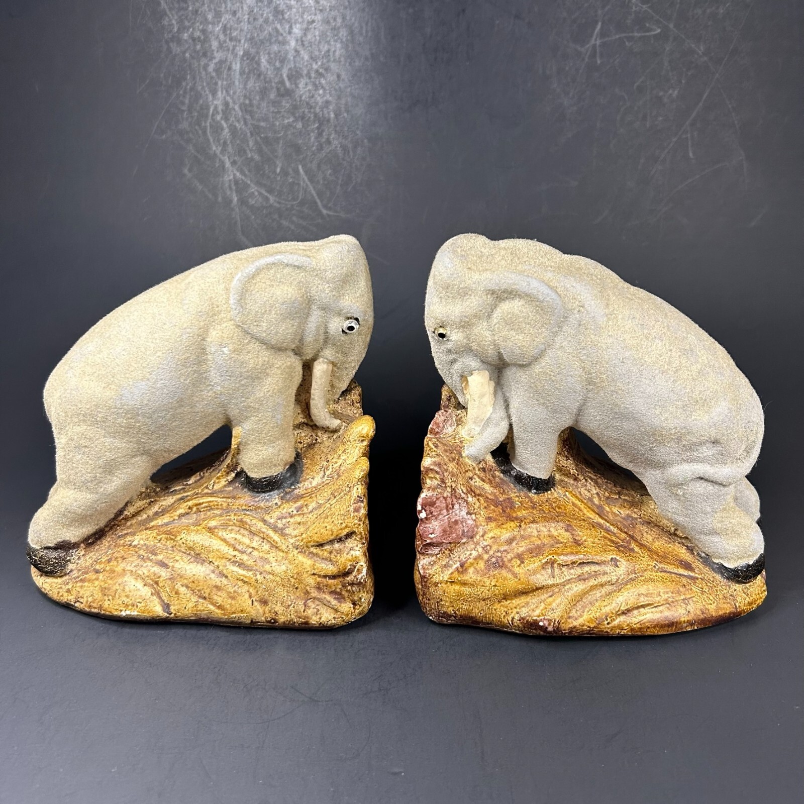 Vintage Chalkware Flocked Elephant Bookends | eBay