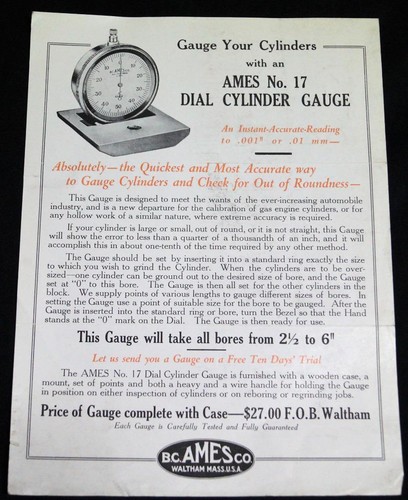 B.C. AMES COMPANY NO.17 DAIL CYLINDER GAUGE TOOL ADVERTISING SALES ...