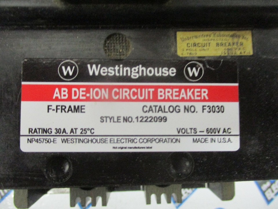Westinghouse F3030 30 Amp 600 Volt 3P Circuit Breaker-RECONDITIONED ...