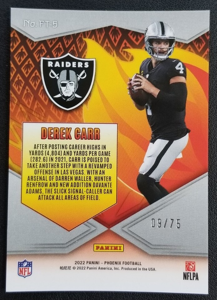 2022 Panini Phoenix Derek Carr Flame Throwers #FT-5 Yellow SP #/75 ...