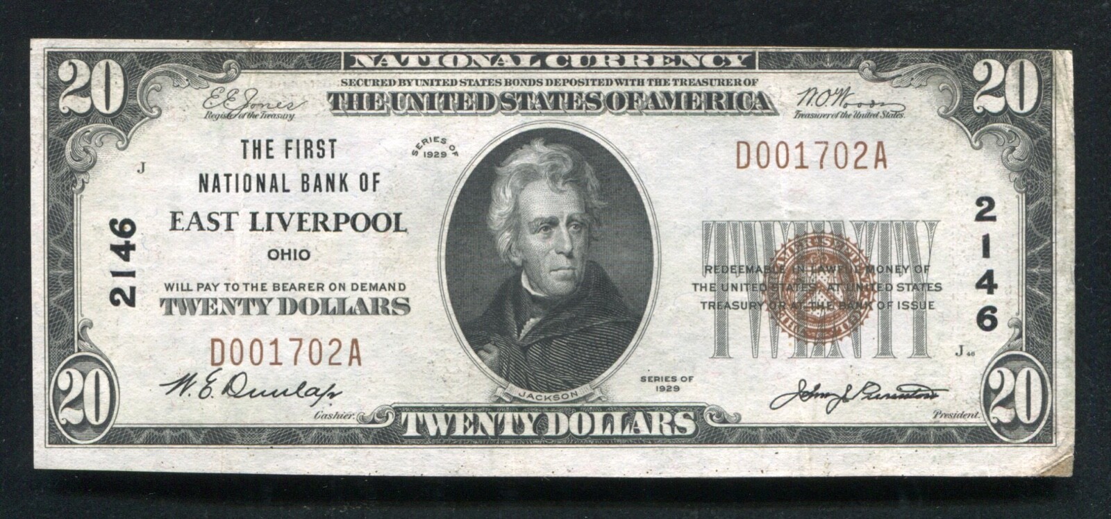 1929 $20 FIRST NATIONAL BANK OF EAST LIVERPOOL, OH NATIONAL CURRENCY CH ...