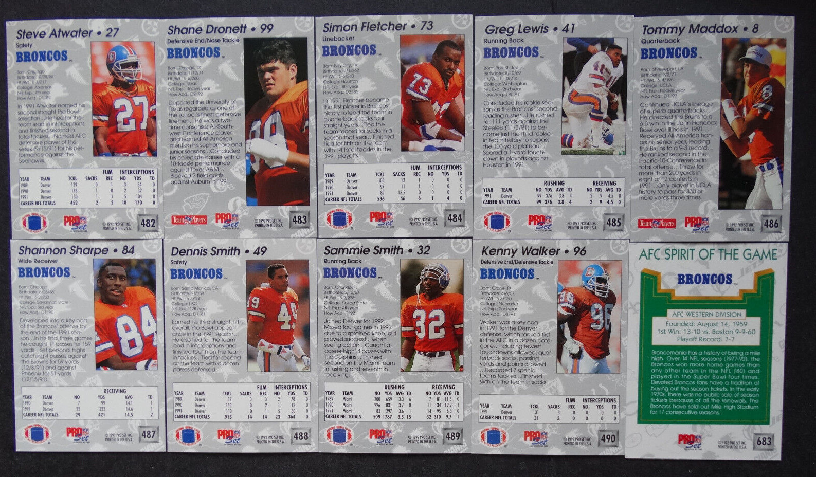 1992 Pro Set Series 2 Denver Broncos Team Set of 10 Football Cards | eBay