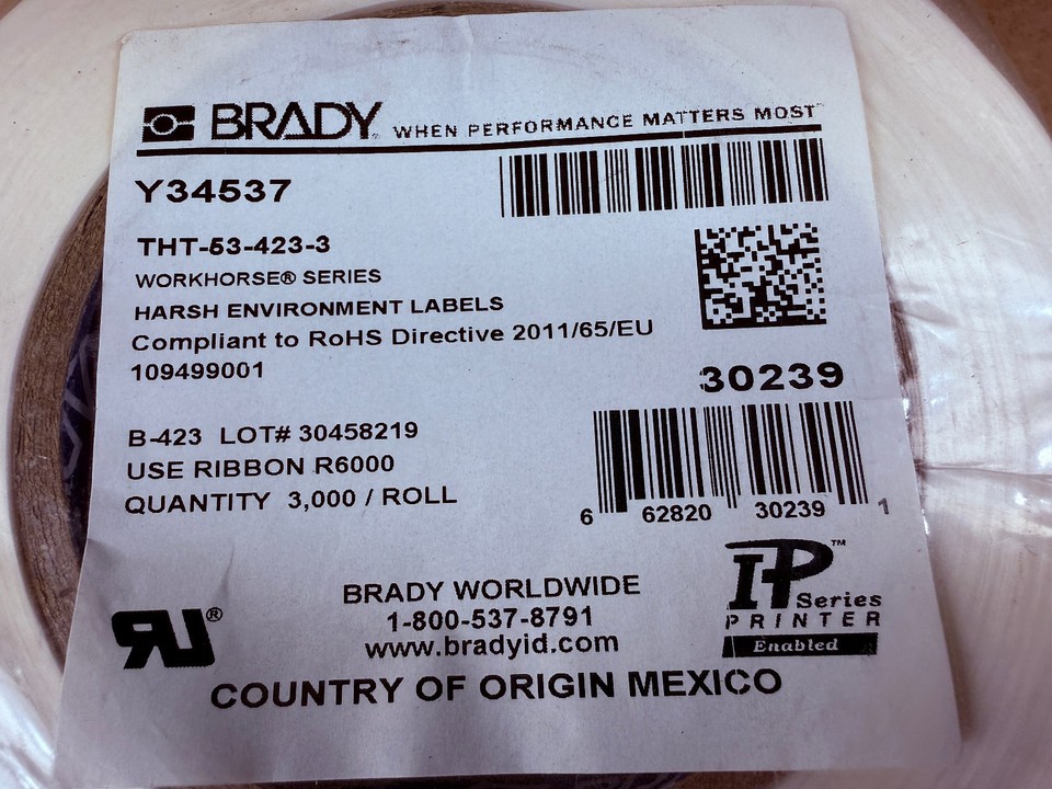Brady THT-53-423-3 Label 2"x .5" White Gloss Finish 3,000/Roll Harsh ...