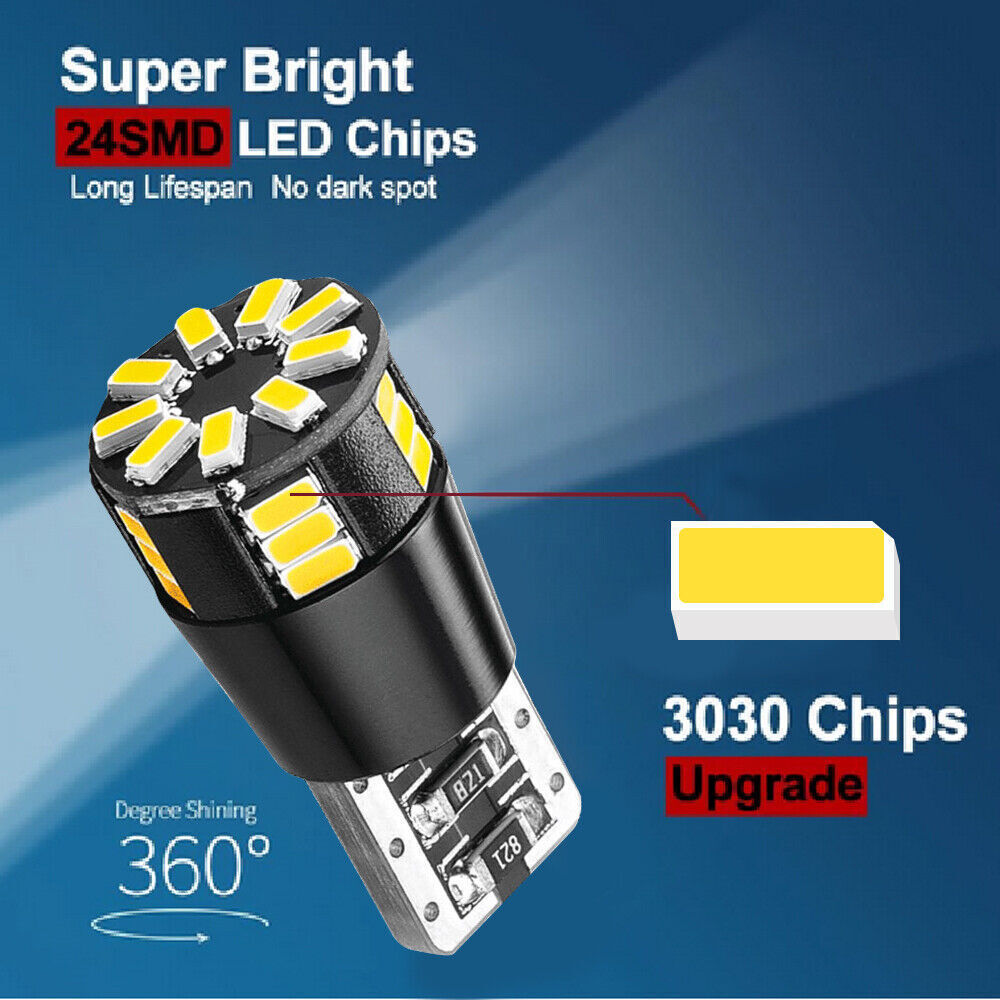 2x T10 501 LED Side Light Bulbs W5W 24-SMD 6000K Bright White Canbus ...