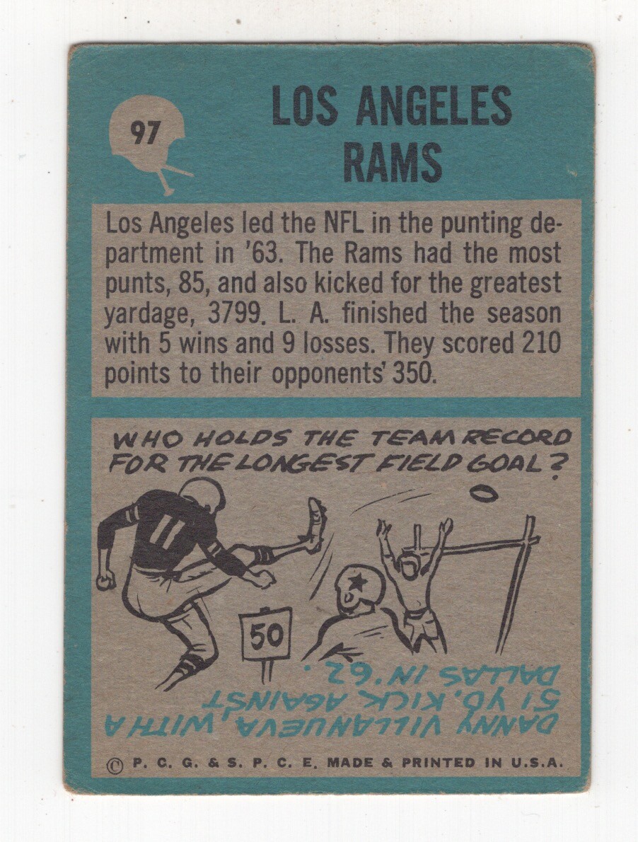 1964 PHILADELPHIA GUM FOOTBALL LOS ANGELES RAMS TEAM CARD #97 | eBay
