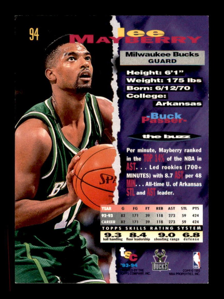 1993 Basketball Stadium Club Lee Mayberry Milwaukee Bucks #94 2 | eBay
