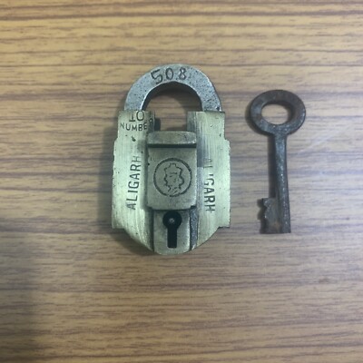 AN OLD OR ANTIQUE BRASS PADLOCK OR LOCK WITH KEY, SMALL SIZE, RICH ...