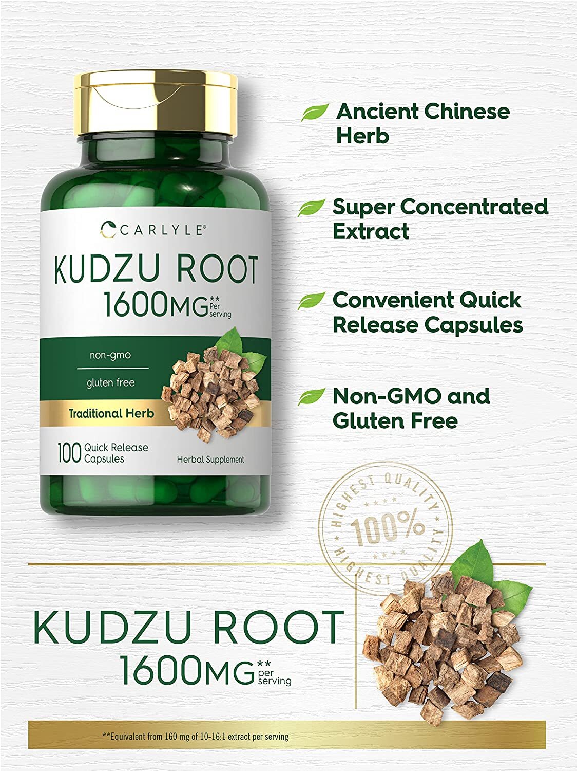 Kudzu Root 1600mg | 100 Extract Capsules | Non-GMO and Gluten Free | by ...