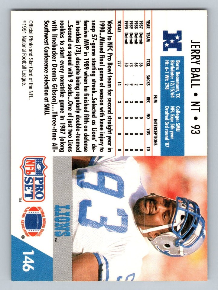 1991 Pro Set #146 Jerry Ball Detroit Lions | eBay