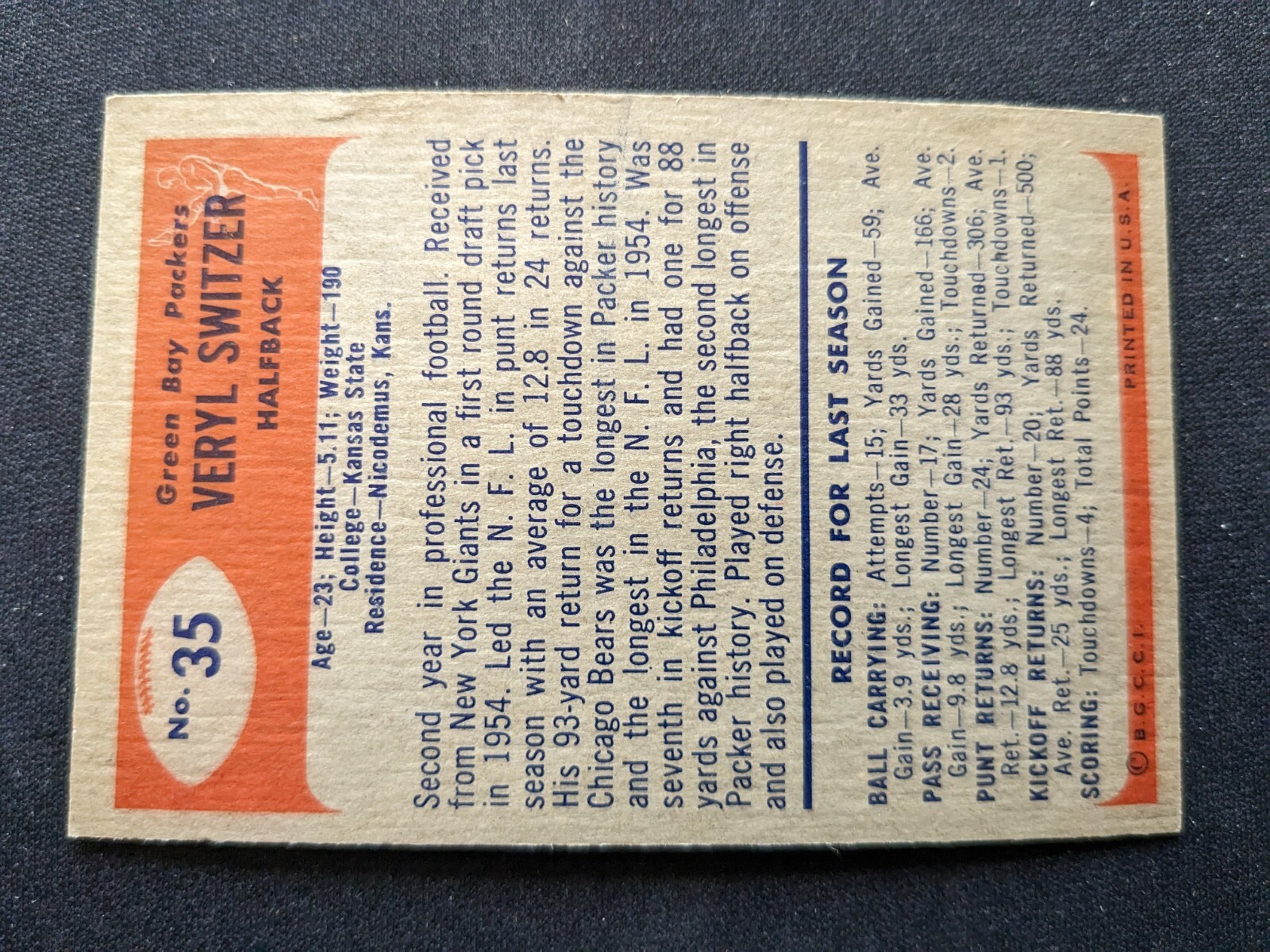 1955 Bowman Football Card # 35 Veryl Switzer - Green Bay Packers (VG/EX ...