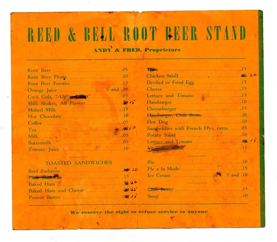 Reed & Bell Root Beer Stand Menu Andy & Fred Proprietors Pomona ...