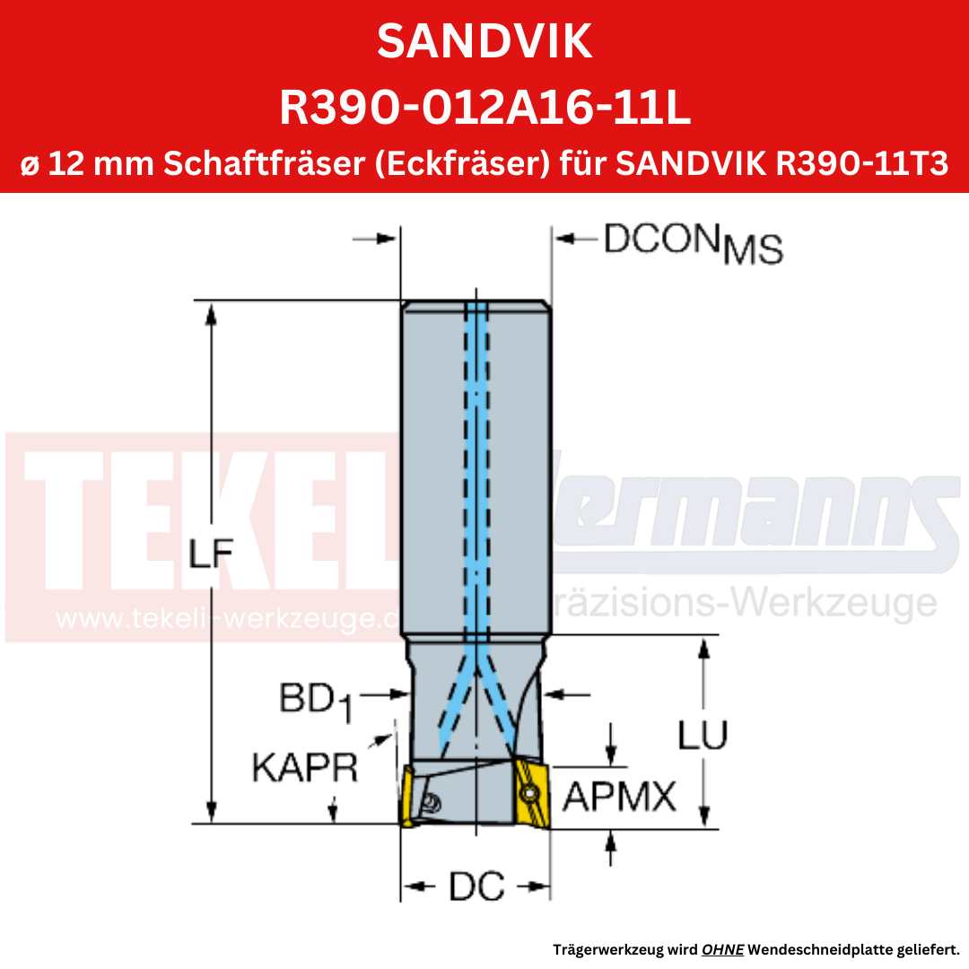 1 x SANDVIK Schaftfräser Ø 12 mm L 95 mm Z=1 R390-012A16-11L !NEU, mit ...