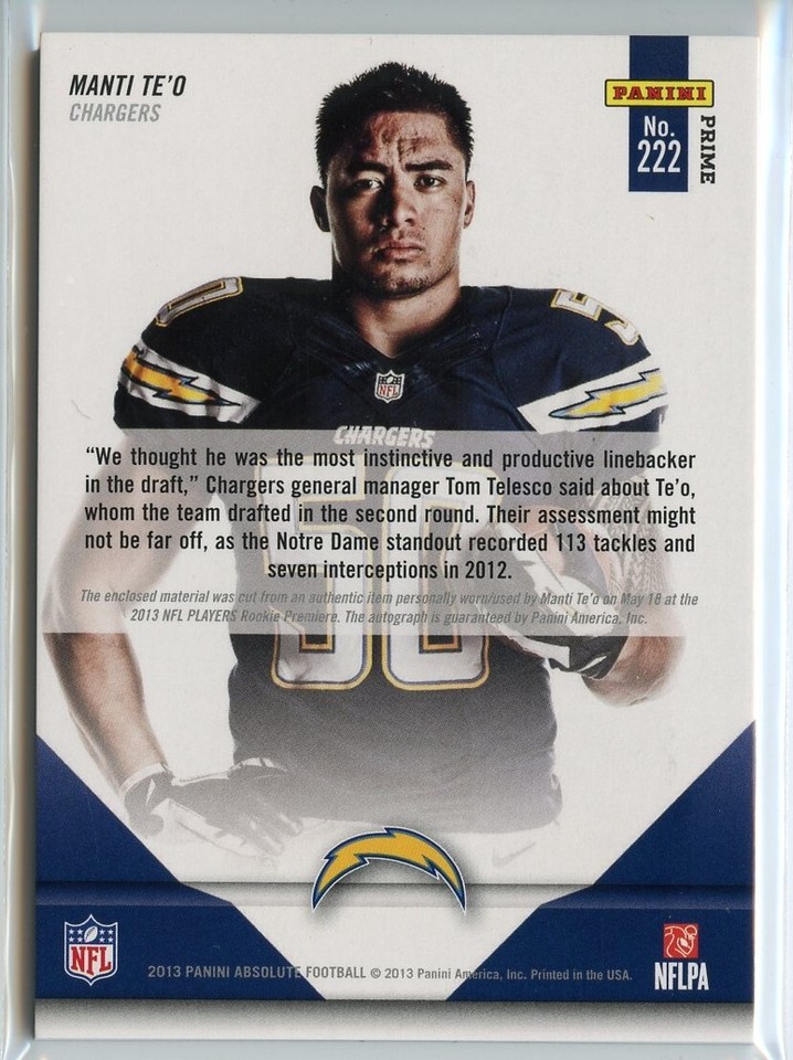 2013 Panini Absolute MANTI TE'O 4-color Prime Patch RPA Auto Rookie RC ...
