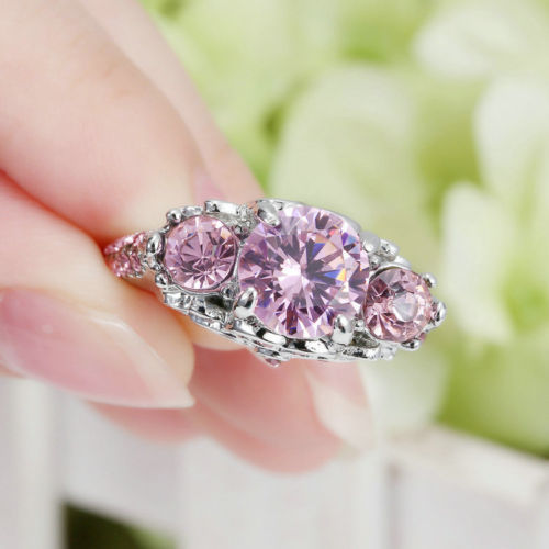 Elegant 925 Sterling Silver Pink Rhinestone Engagement Wedding Ring ...