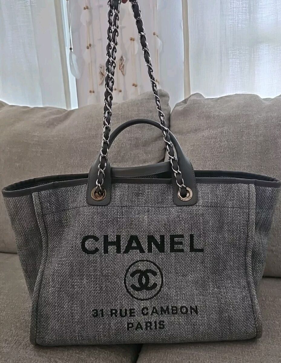 Chanel Gray Raffia Canvas Logo Chain Strap Deauville Tote Chanel Gray Raffia Canvas Logo Chain Strap Deauville Tote