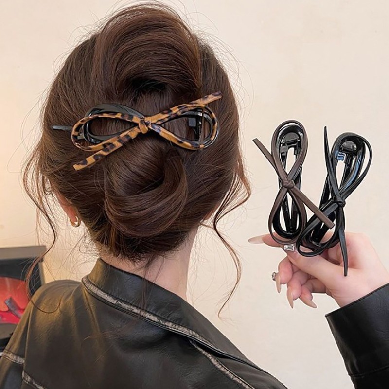 French Leopard Twist Hair Clips Pu-Leather Hair Bow Acrylic Hairpin ...