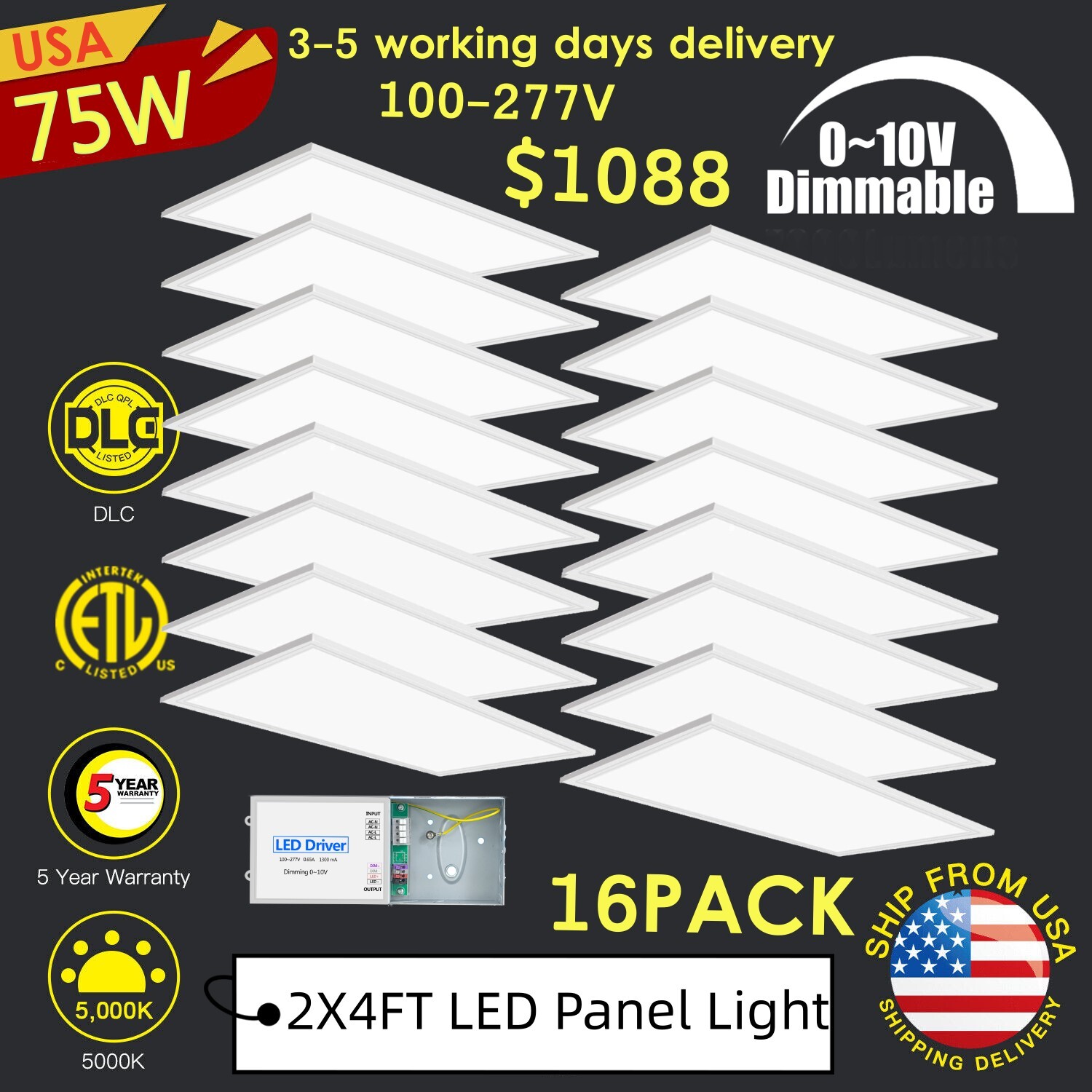 2x4 LED Flat Panel Light, 75 Watt Drop Ceiling Lights Fixture Indoor ...