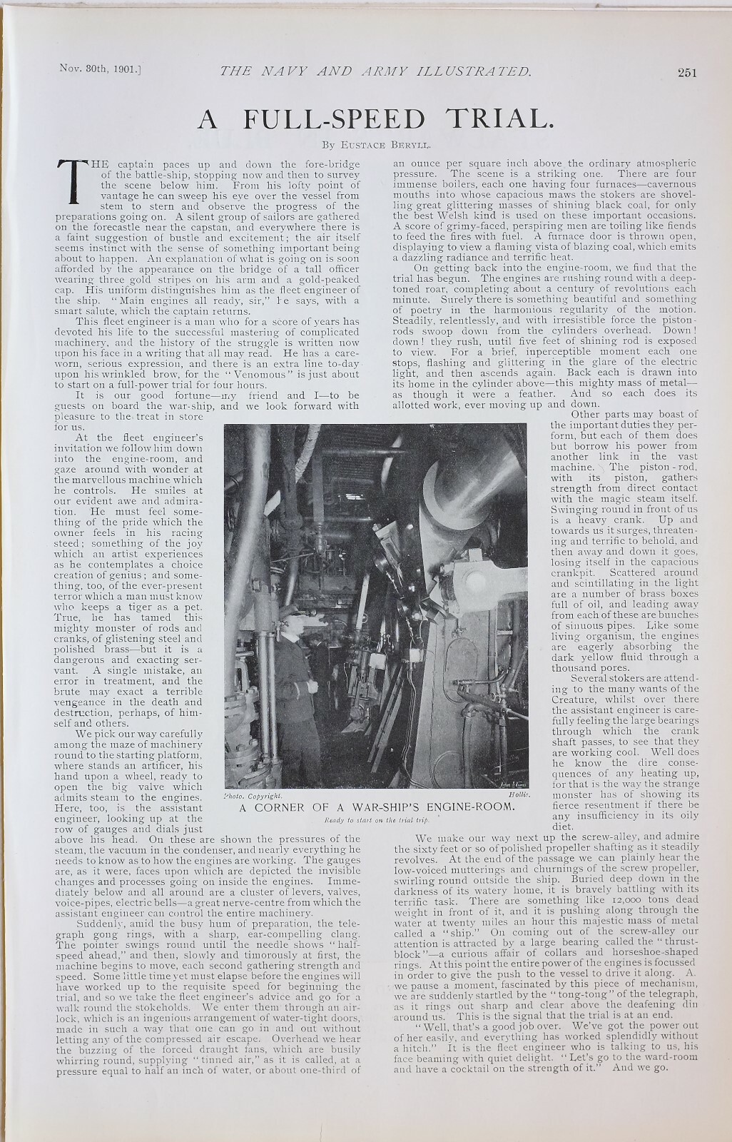1901 PRINT FULL SPEED TRIAL TRIP CORNER OF A WAR-SHIPS ENGINE ROOM ...