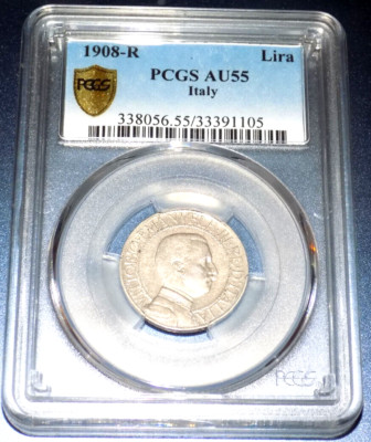1908 R Italy One Lira KM-45 AU 55 PCGS About Uncirculated Italian Key ...