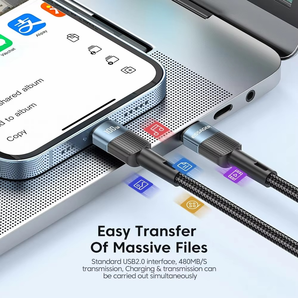Type-C to Type-C Cable PD 60W Fast Charger Braided Long USB Lead LED ...