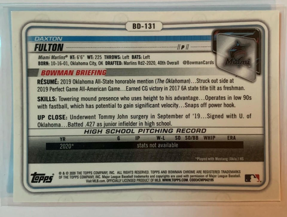 2020 BOWMAN CHROME DAXTON FULTON #BD-131 MIAMI MARLINS 1ST BOWMAN MINT ...