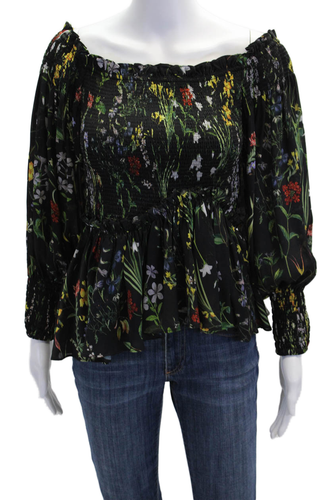 Alexis Womens Floral Print Ruched Long Sleeve Pullover Blouse Top Black ...