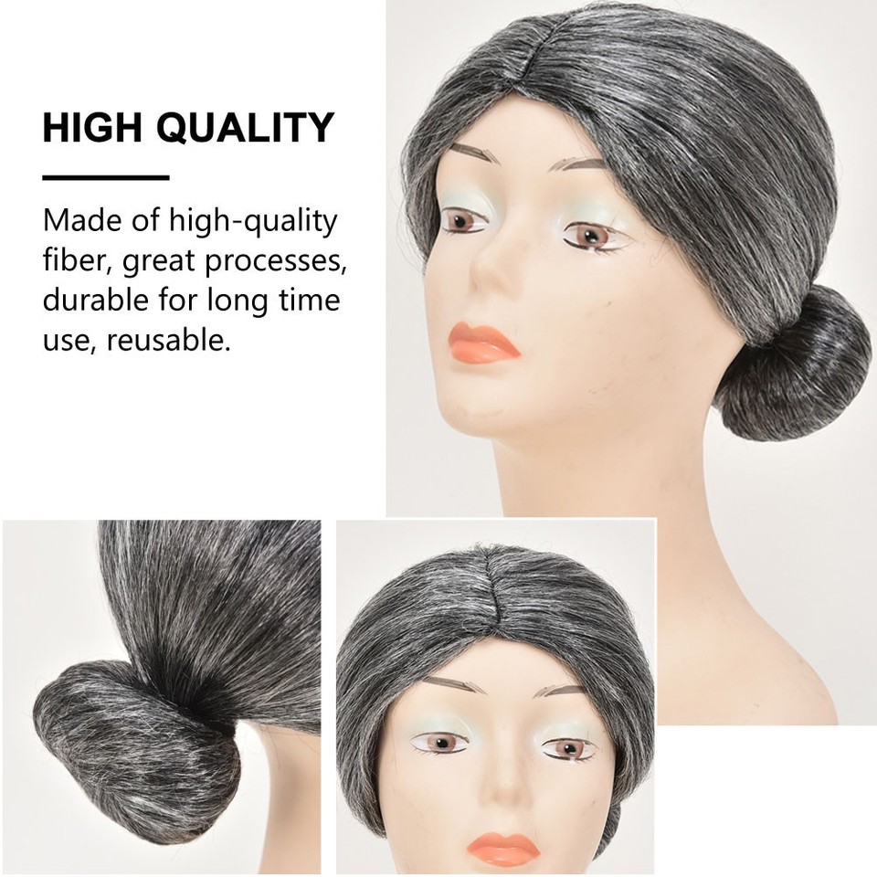 1PC Old Women Wig Dark Grey Human Hair Wig for Fun Halloween Cosplay ...
