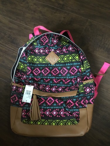 Vintage 1990s Leather Bottom Backpack Day Pack Retro Pattern Busy Neon ...