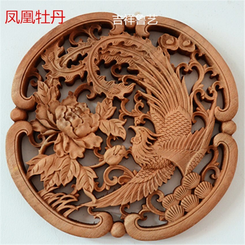 CHINESE HAND CARVED PHOENIX PEONY STATUE CAMPHOR WOOD ROUND PLATE WALL ...