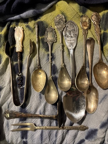 Lot Small Spoons Silver Steel EPNS Apostle Fork Engraved Hallmark ...