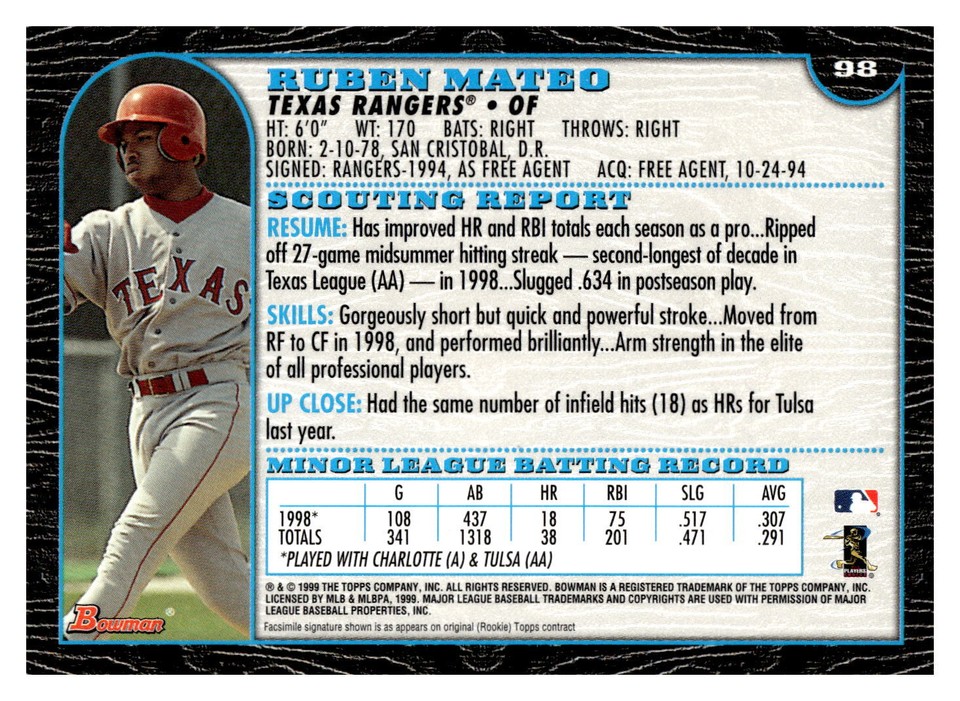 1999 Bowman #98 Ruben Mateo Texas Rangers Baseball Card NM | eBay