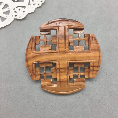 Holy Land Jerusalem Cross Brooch Pin Hand Carved Olive Wood 1.75 ...