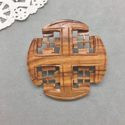 Holy Land Jerusalem Cross Brooch Pin Hand Carved Olive Wood 1.75 ...