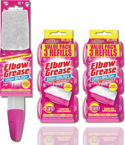 Elbow Grease Fillable Pink Washing Up Brush and 7 Sponge Scratch ...