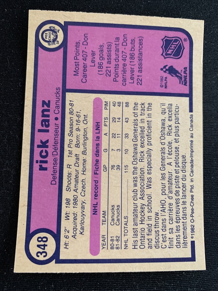 1982-83 O-Pee-Chee Hockey Card #348 Rick Lanz Vancouver Canucks NMMt ...
