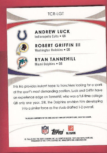 ANDREW LUCK ROOKIE JERSEY CARD ROBERT GRIFFIN RYAN TANNEHILL rc 2012 ...