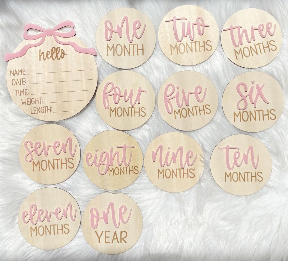 Monthly Baby Milestone Cards for Girls – 13 Wooden 3D Milestone Discs ...