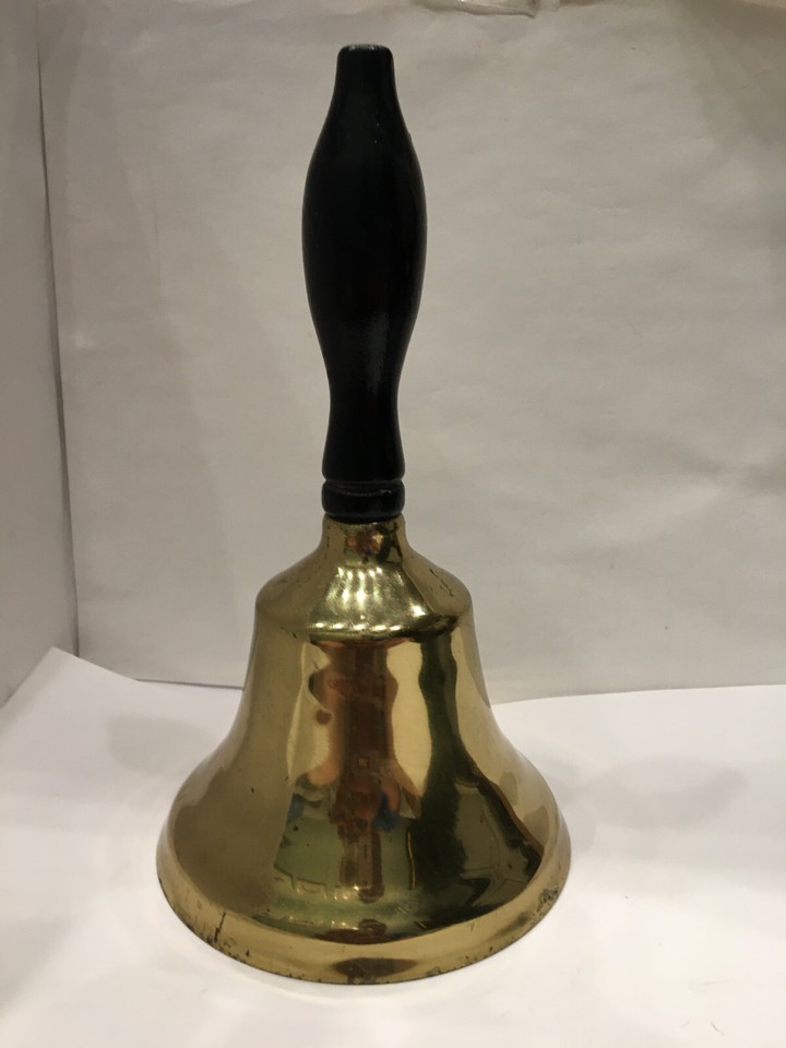 Antique LARGE Brass HAND HELD BELL Teacher School WOOD HANDLE Gold ...