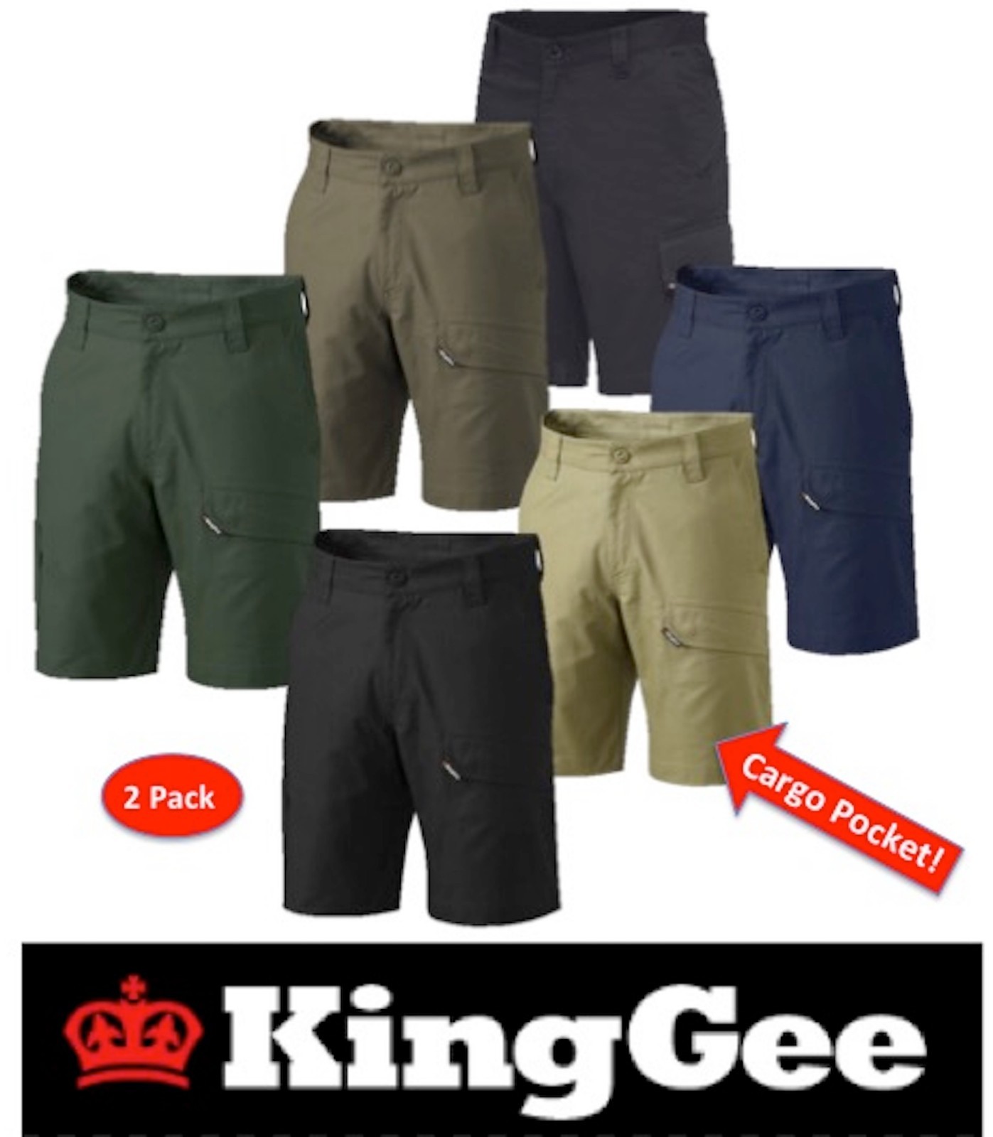 KING GEE- PACK OF 2- MENS 'WORKCOOL 2' COTTON "RIPSTOP" CARGO WORK ...