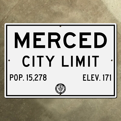 Merced California city limit highway road sign 1950 CDOH US route 99 ...