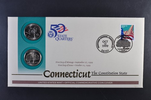 1999 Connecticut P&D State Quarter First Day Coin Cover + 33 cent Stamp ...