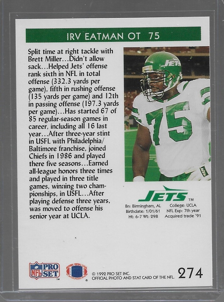 1992 Pro Set Irv Eatman #274 New York Jets Signed Autographed Card | eBay