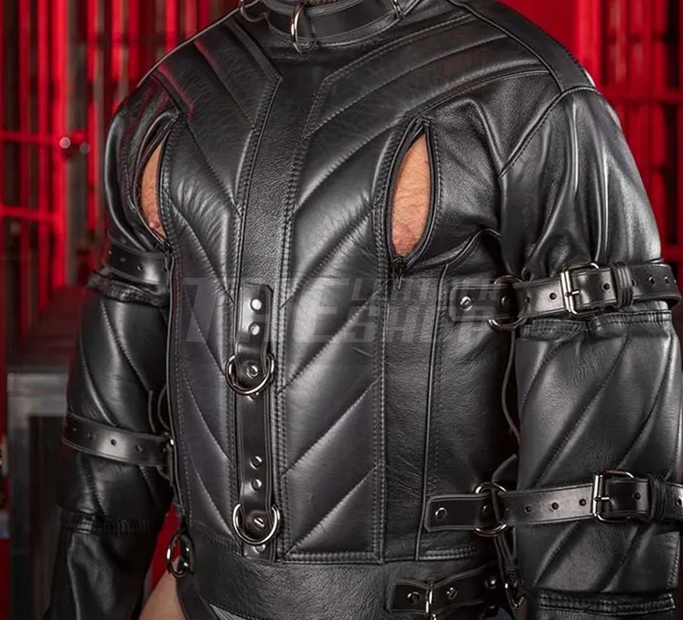 Black Leather Strait jacket Padded Restraint Quilted Bondage Jacket ...