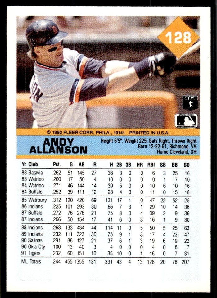 1992 Fleer Baseball Card Andy Allanson Detroit Tigers #128 | eBay